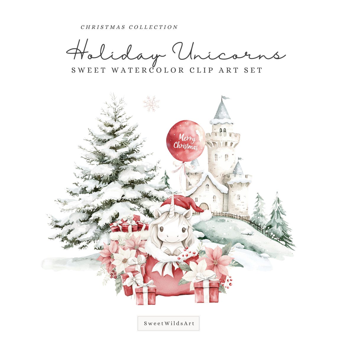 Watercolor Holiday Unicorns Clipart, Cute Christmas Unicorn PNG ...
