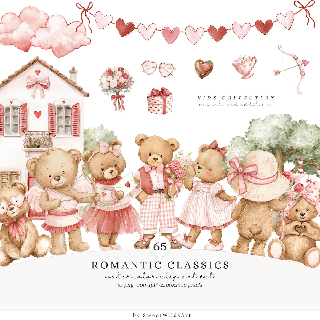 Watercolor Romantic Classics Teddy Bears Clipart, Valentine's Day ...