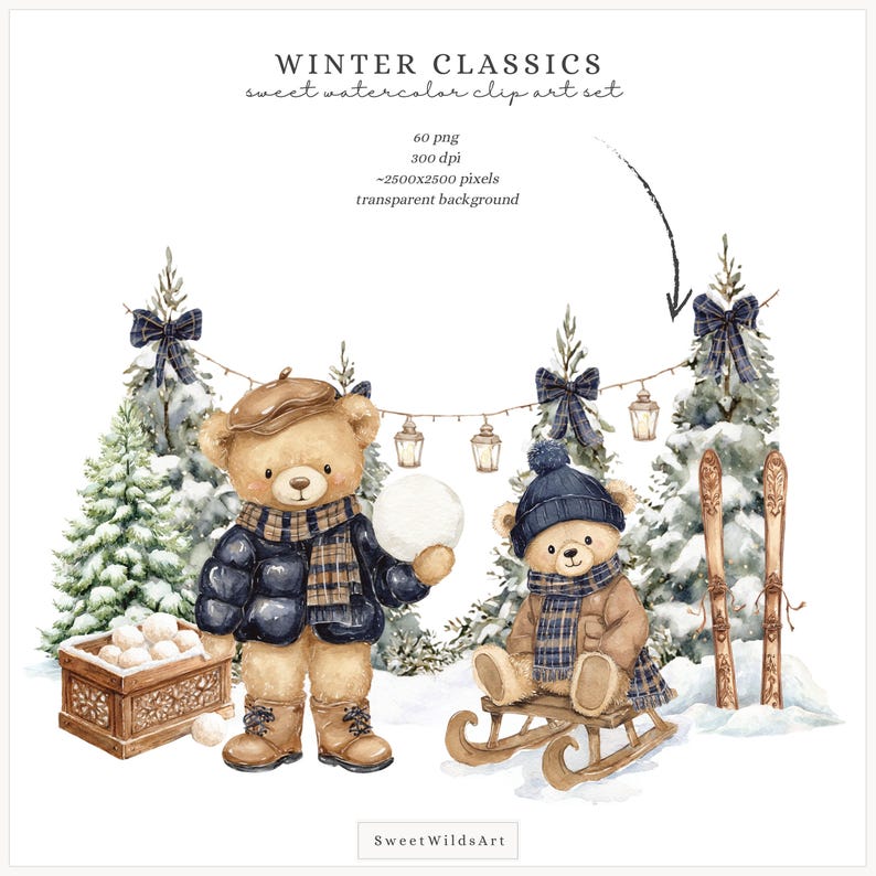 Watercolor Winter Teddy Bears Clipart, Tartan Holiday Clipart, Cute ...