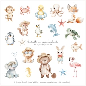 Watercolor Vacation Vibe Clipart, Cute Beach Animals, Ocean Nursery ...