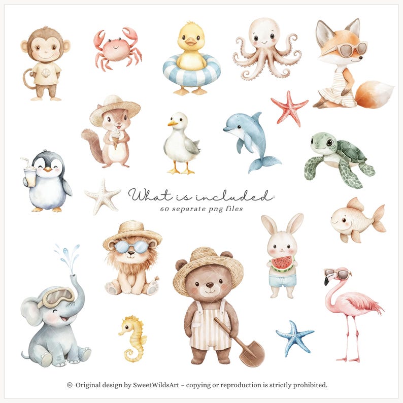 Watercolor Vacation Vibe Clipart, Cute Beach Animals, Ocean Nursery ...
