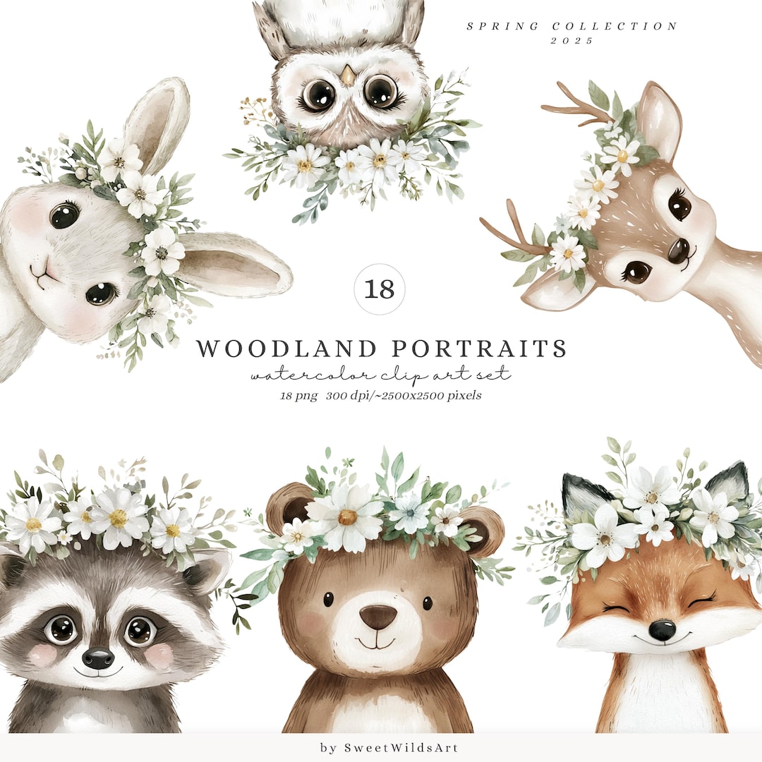 Watercolor Spring Woodland Portraits Clipart, Cute Animals Clipart ...