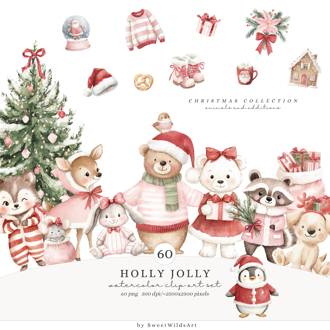 Watercolor Holly Jolly Christmas Clipart, Cute Holiday Baby Animals ...