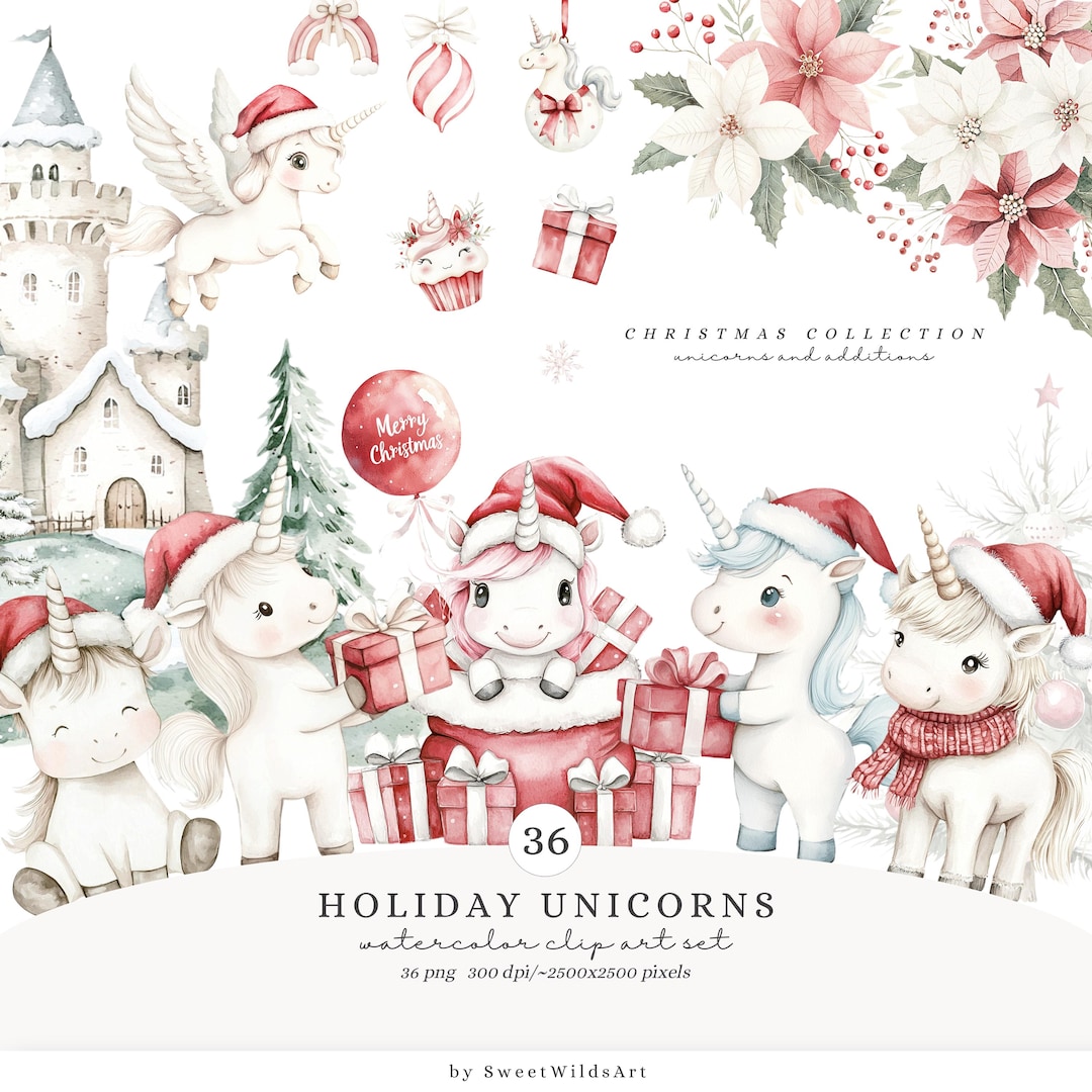 Watercolor Holiday Unicorns Clipart, Cute Christmas Unicorn PNG ...