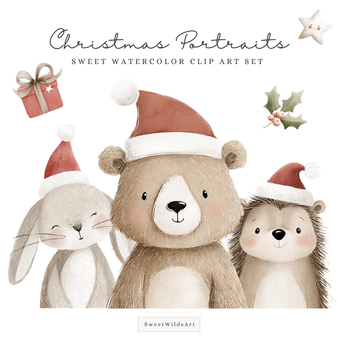 Watercolor Christmas Woodland Portraits Clipart, Cute Holiday Animals ...
