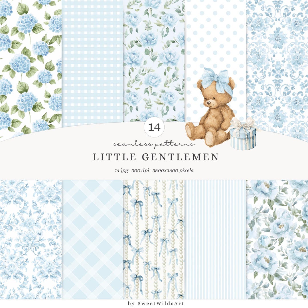 Watercolor Little Gentlemen Seamless Patterns, Blue Gingham and Floral ...