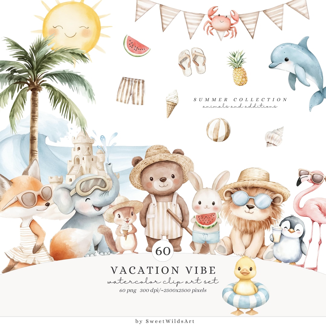 Watercolor Vacation Vibe Clipart, Cute Beach Animals, Ocean Nursery ...