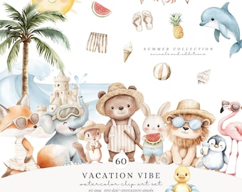 Beach Summer Clipart, Cute Beach Animals, Ocean Nursery Clipart, Baby ...