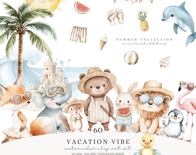 Summer Animals Clipart, Summer Beach PNG, Cute Animals Clipart, Ocean ...