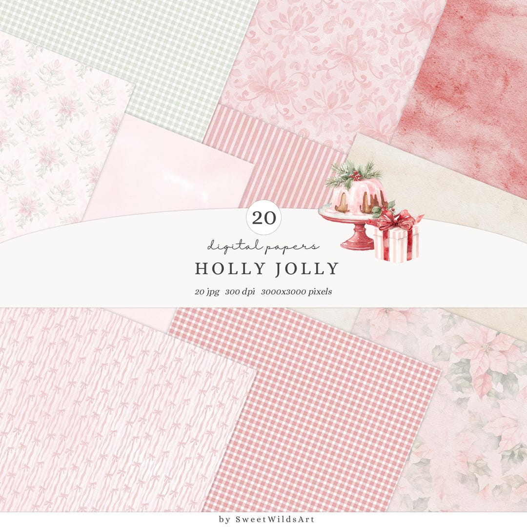 Watercolor Holly Jolly Christmas Digital Papers, Christmas Backgrounds ...