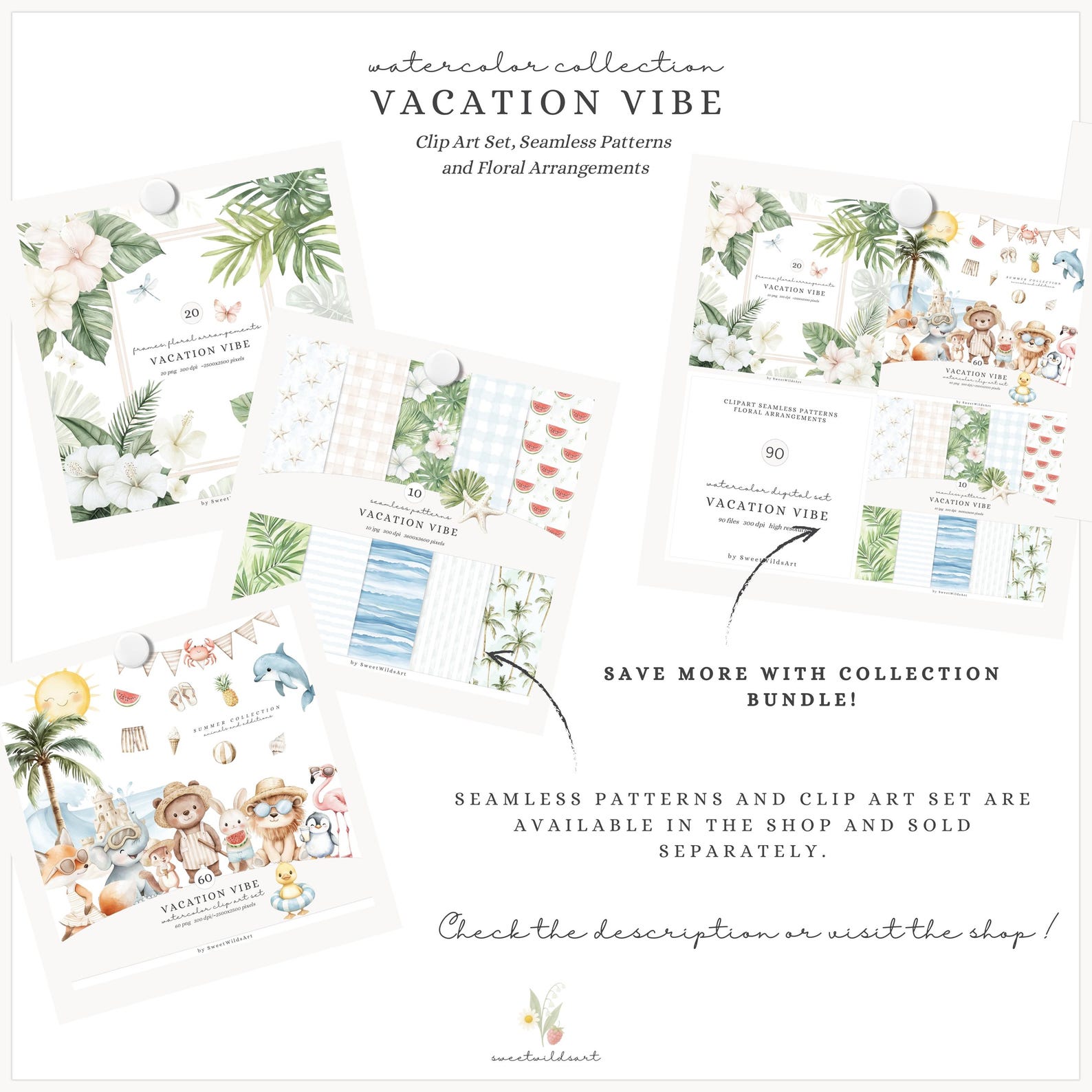 Watercolor Vacation Vibe Floral Arrangements Clipart, Summer Tropical ...