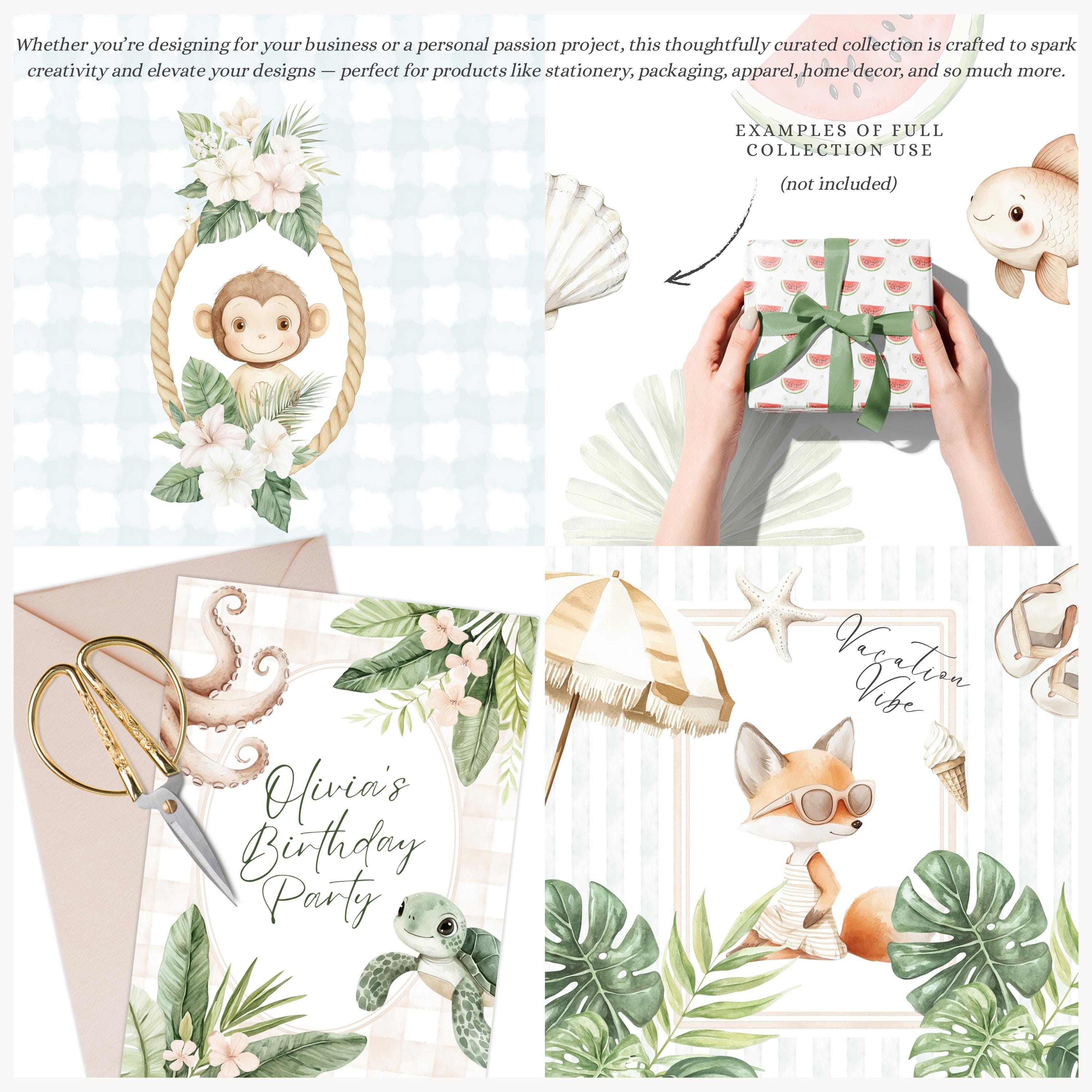 Watercolor Vacation Vibe Clipart, Cute Beach Animals, Ocean Nursery ...