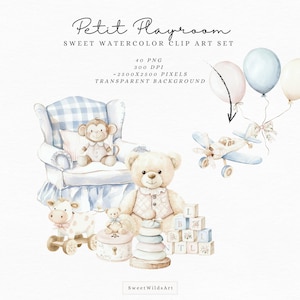 Watercolor Petit Playroom Clipart Set, Grandmillennial Toys PNG, Cute ...
