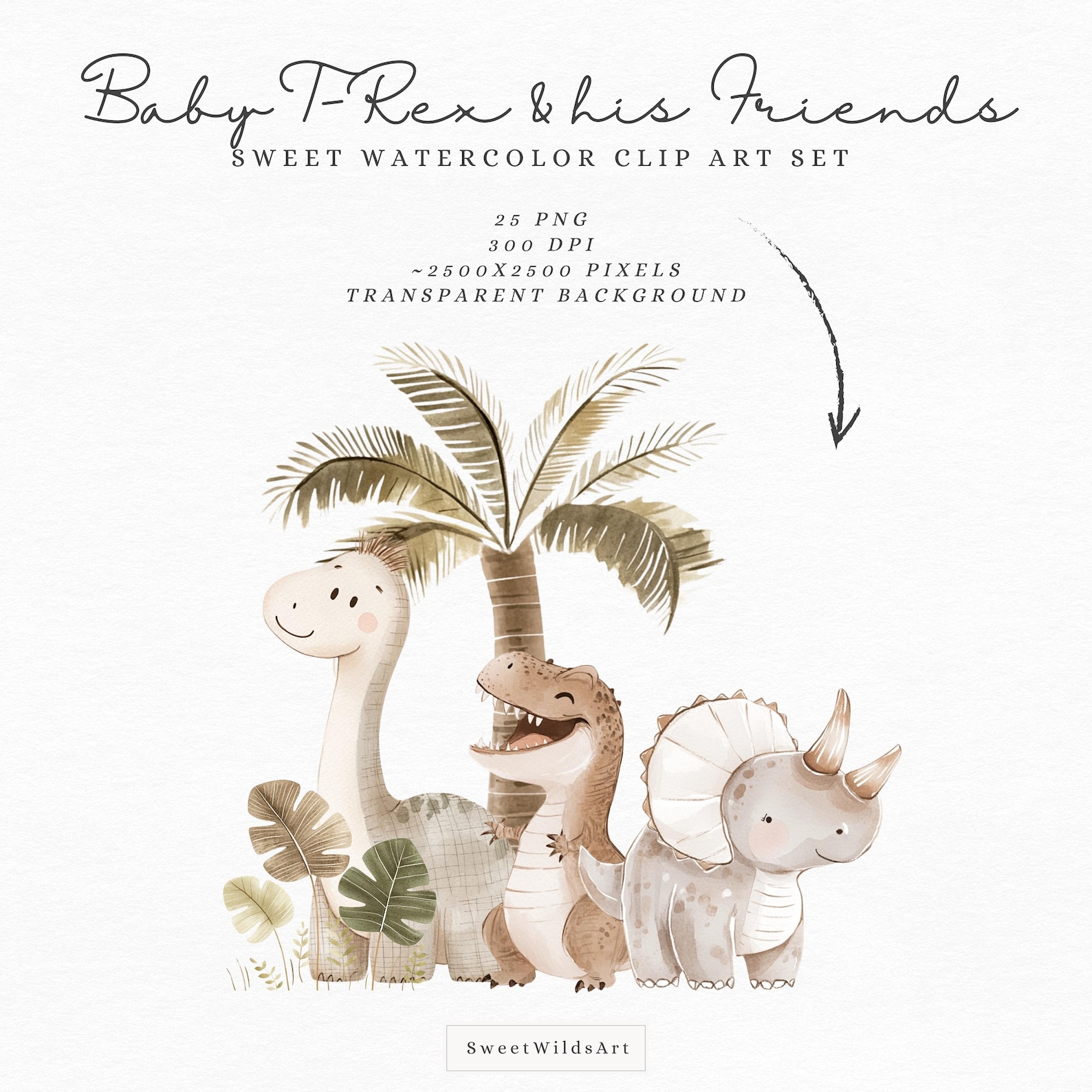 Watercolor Cute Dinosaur Clipart, Dinosaur PNG, Baby Dino Birthday ...