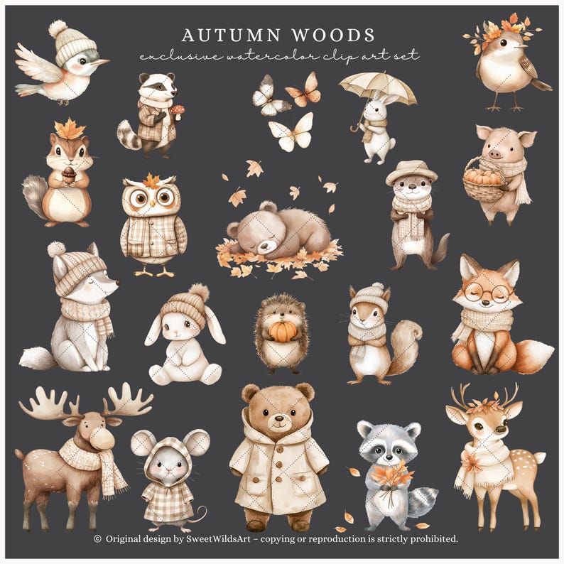 Watercolor Autumn Woods Clipart, Woodland Animals Clipart, Cute Fall ...