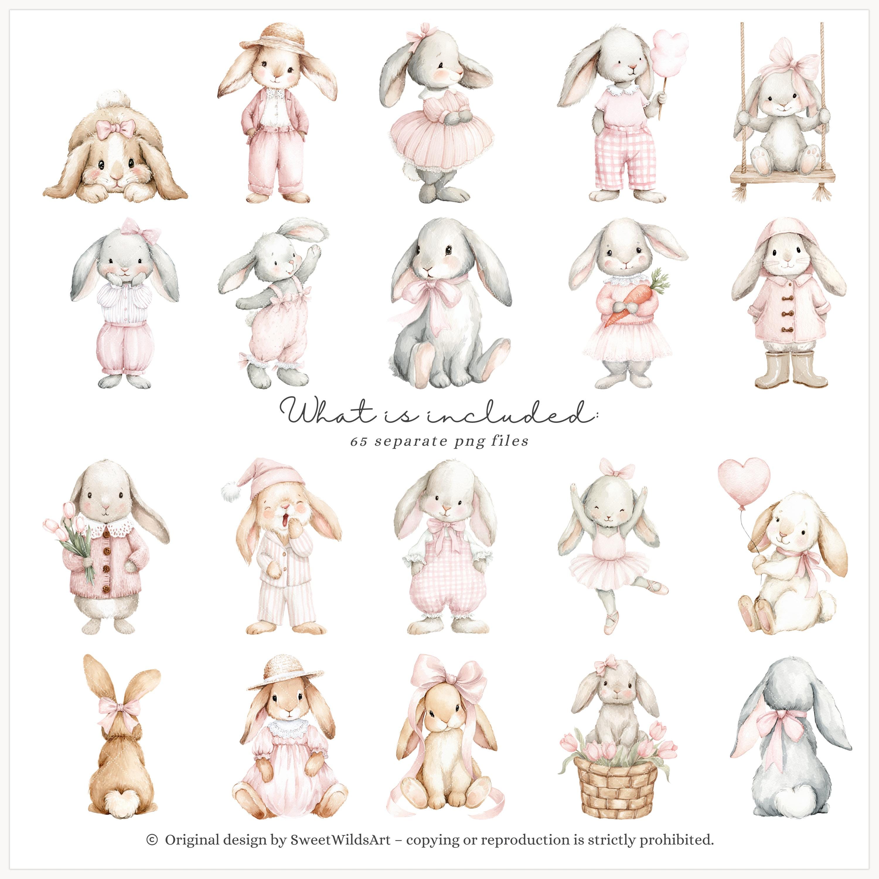 Watercolor Bunny Clipart, Cute Easter Rabbits PNG, Springclipart, Pink ...
