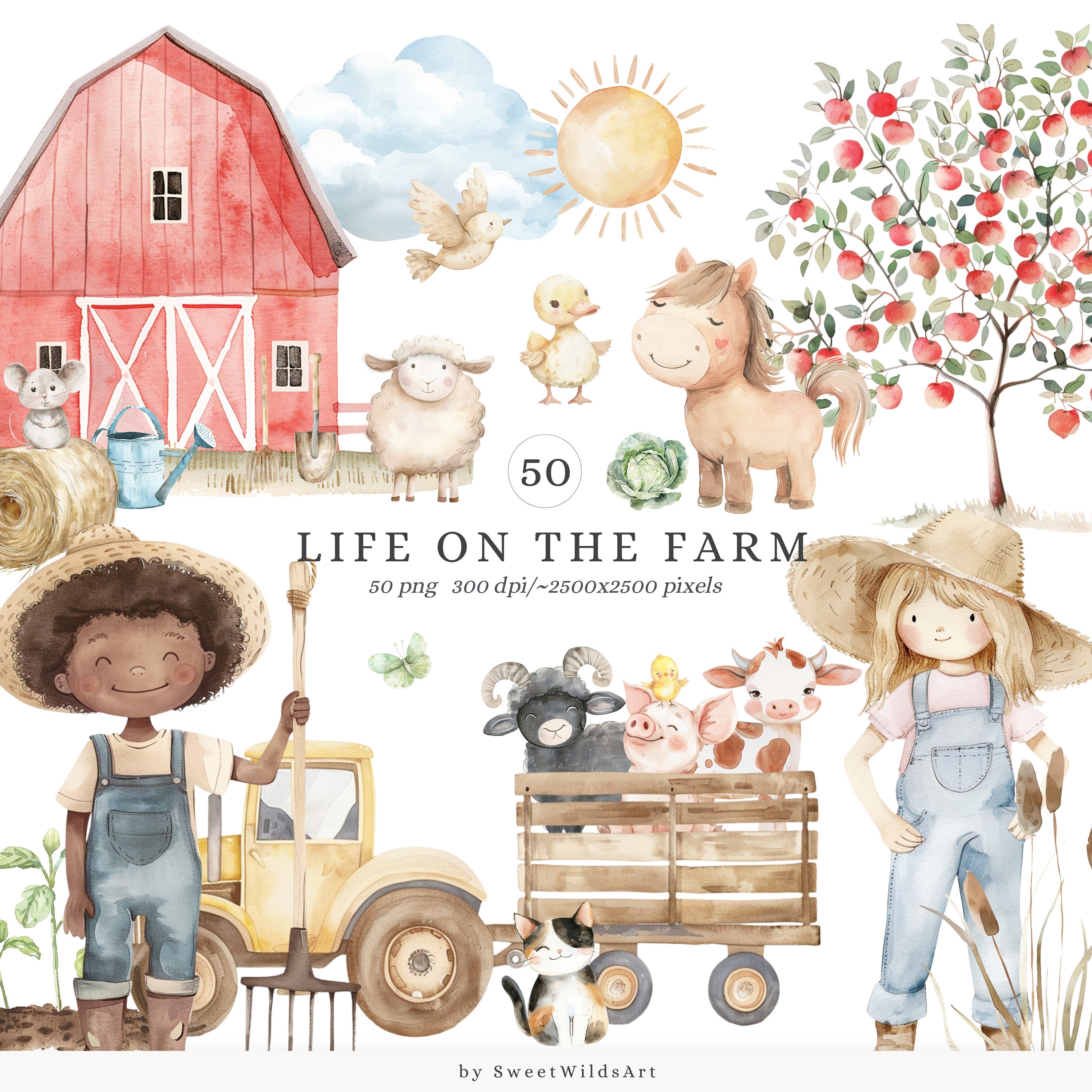 Watercolor Cute Farm Clipart, Farm Life Clip Art, Cottage Farm Animals ...
