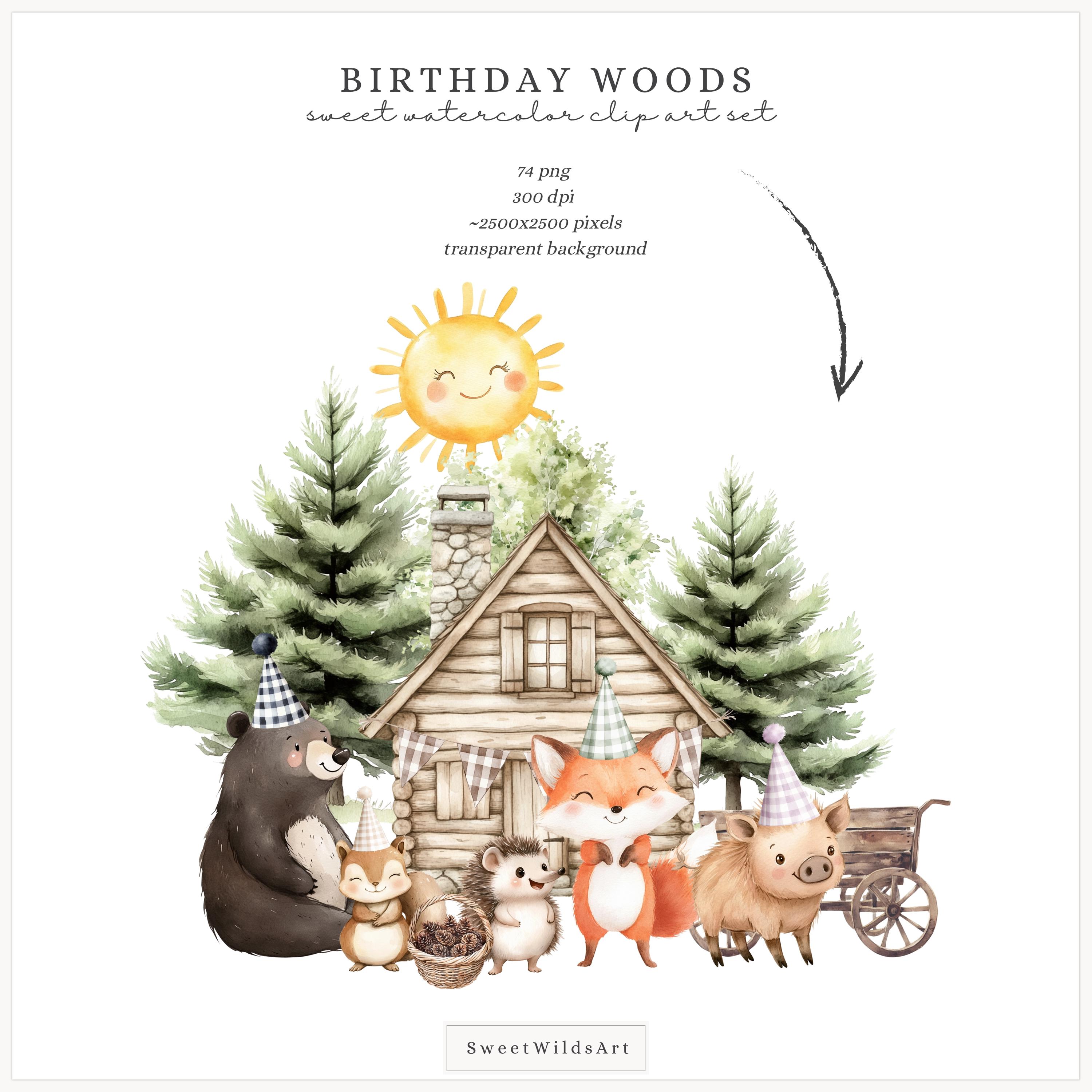 Watercolor Birthday Woods Clipart Set, Woodland Animals Birthday PNG ...