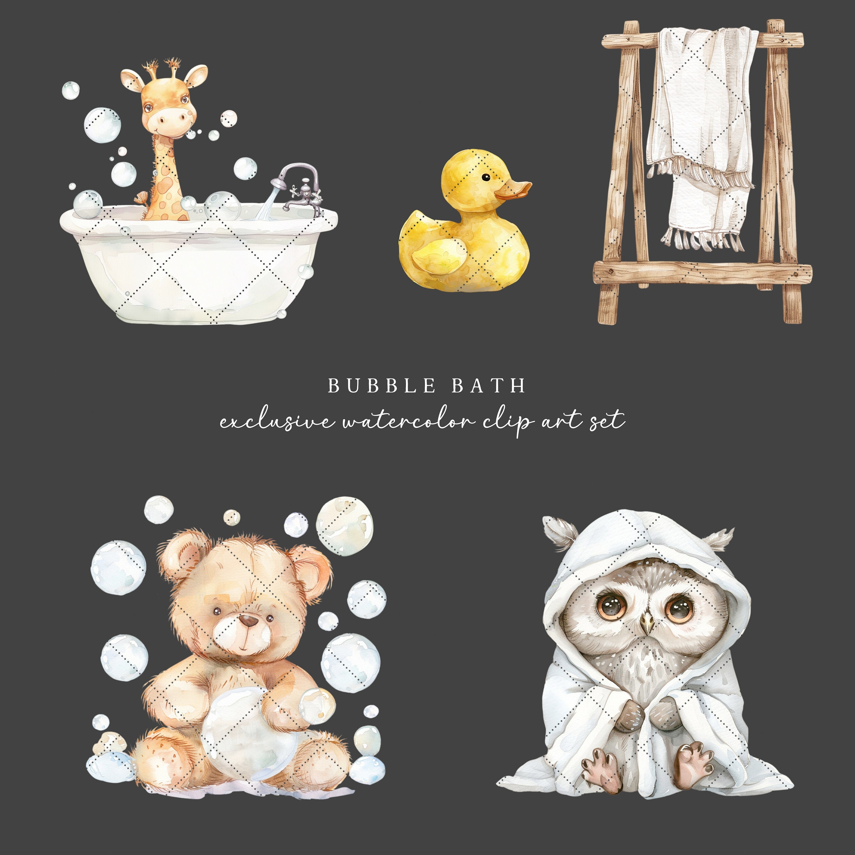 Watercolor Bubble Bath Animals Clipart, Bath Time Clip Art, Rubber Duck ...