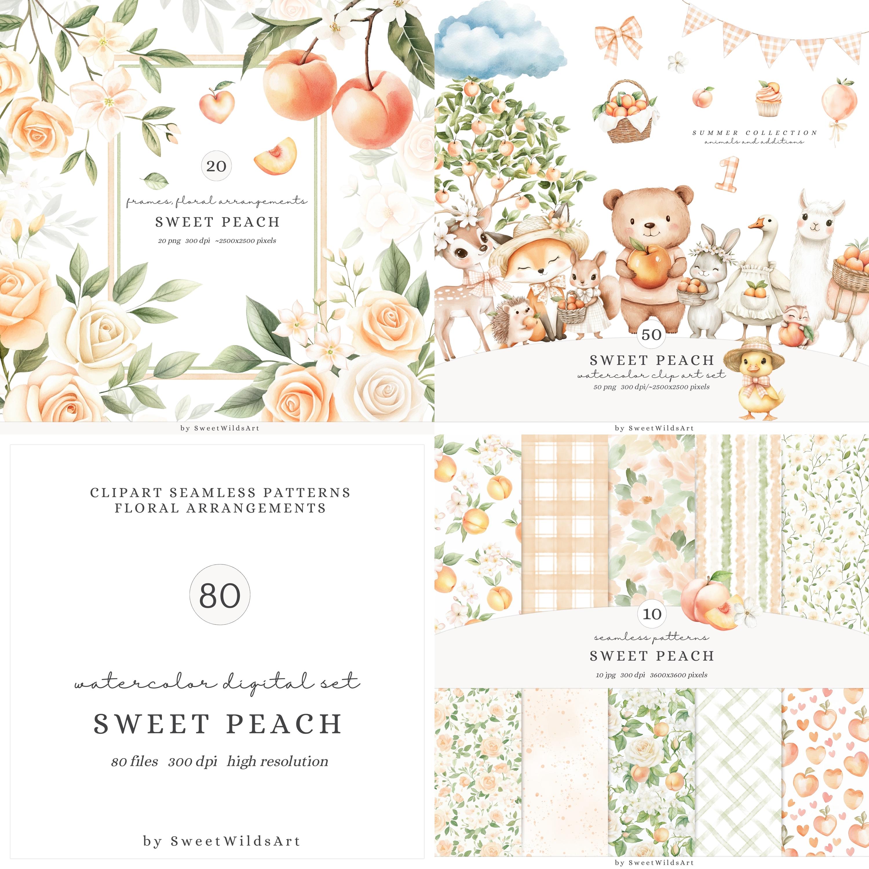 Watercolor Sweet Peach Clipart, Cute Animals Clipart, Peach Birthday ...