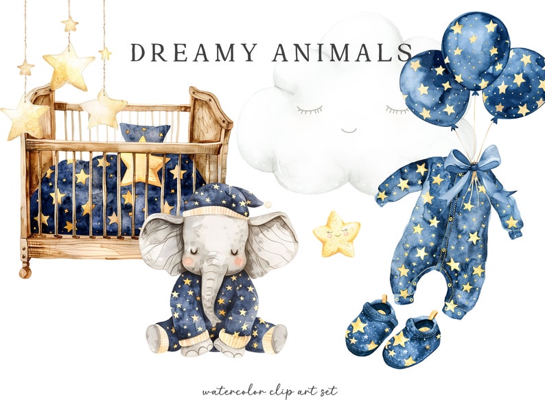 Watercolor Dreamy Animals Clipart Bundle, Night Time, Pajama Party ...