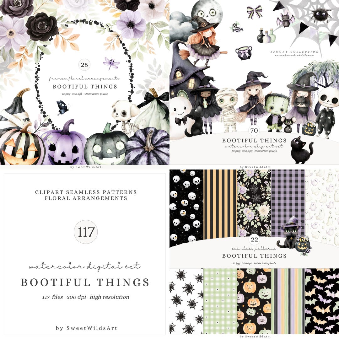 Watercolor Bootiful Things Clipart Set, Cute Halloween PNG, Witch ...