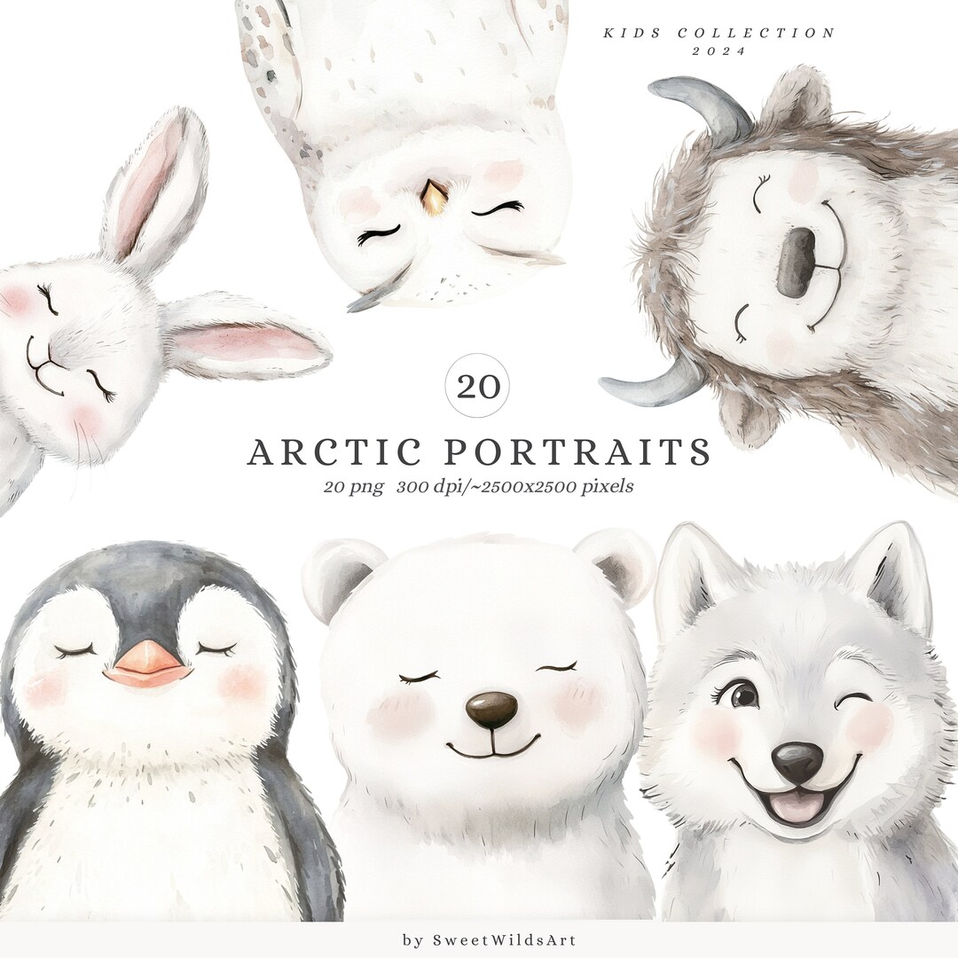 Watercolor Arctic Portraits Clipart, Cute Animals Clipart, Baby Animals ...