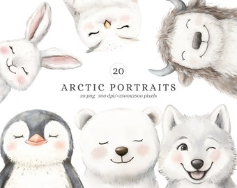 Watercolor Arctic Portraits Clipart, Cute Animals Clipart, Animals ...