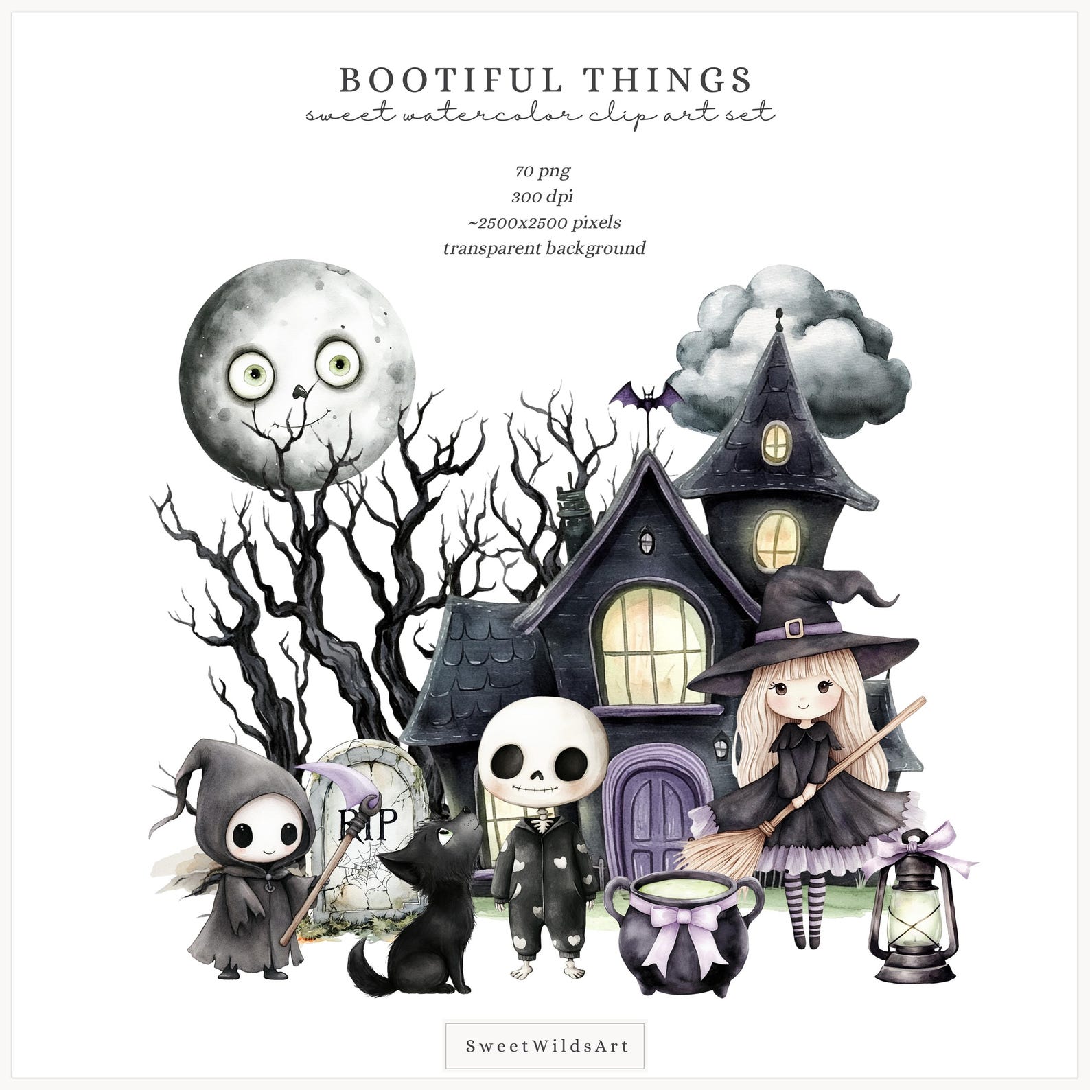 Watercolor Cute Halloween Clipart Set, Spooky PNG, Witch Clip Art ...