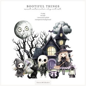 Watercolor Cute Halloween Clipart Set, Spooky PNG, Witch Clip Art ...