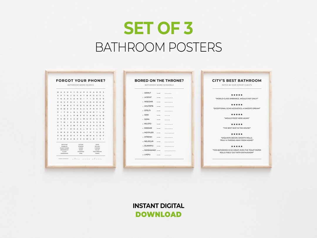 Set of 3 Bathroom Poster: Word Search, Scramble Game, Top Review ...