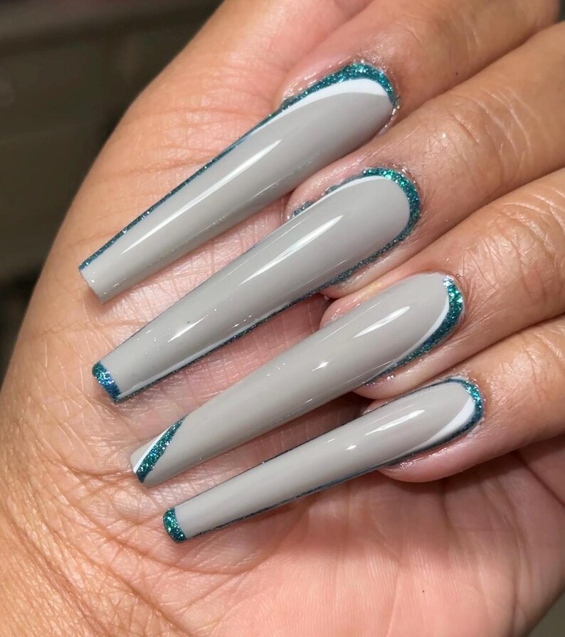 Gray Blue Glitter Press on Nails, Custom Fit Coffin Style, Kid Sizes ...