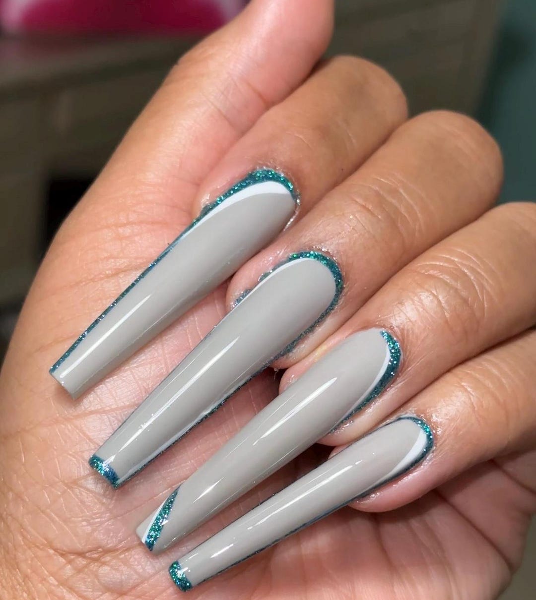 Gray Blue Glitter Press on Nails, Custom Fit Coffin Style, Kid Sizes ...