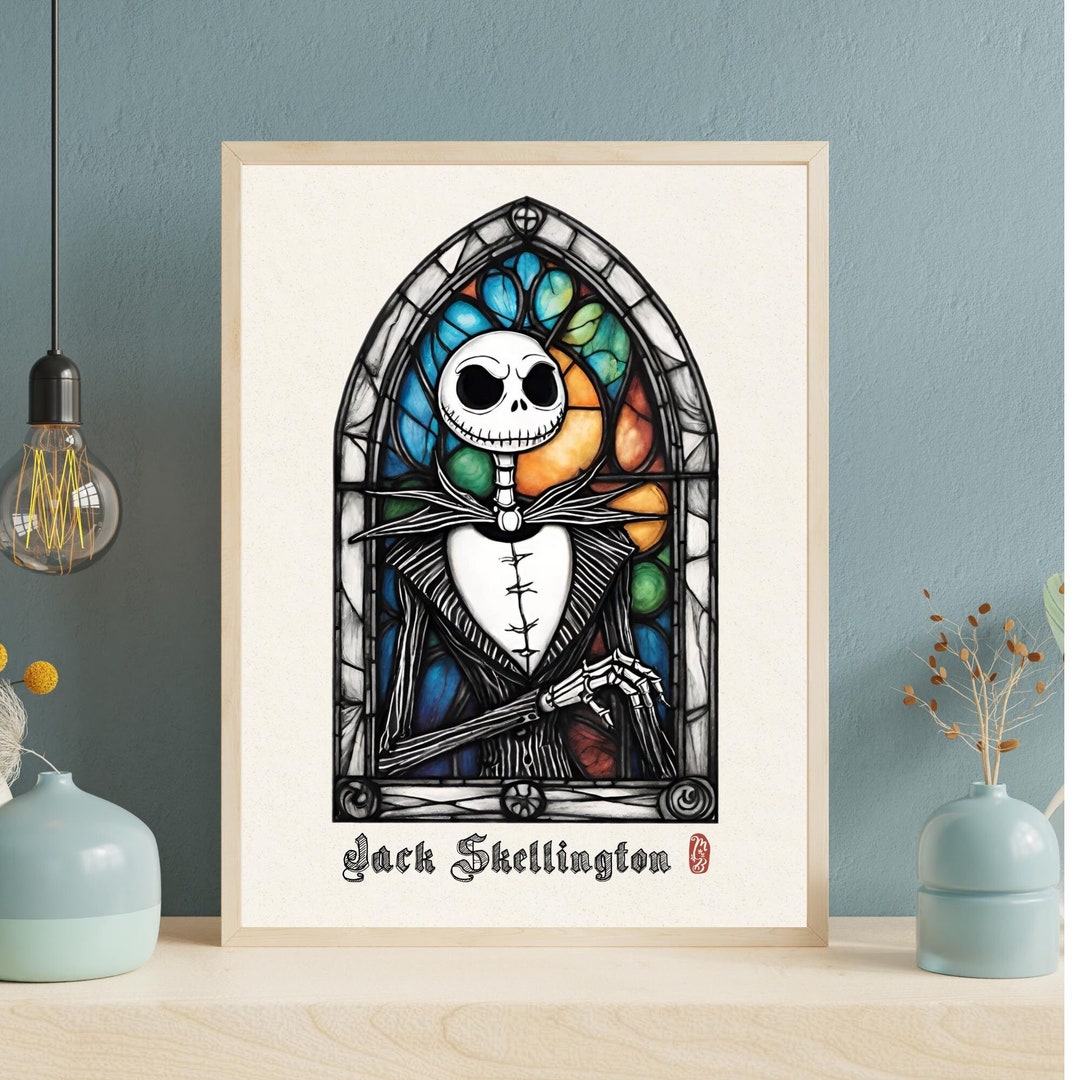 Tim Burton Jack Skellington Poster, Illustrated Stained Glass Portrait ...