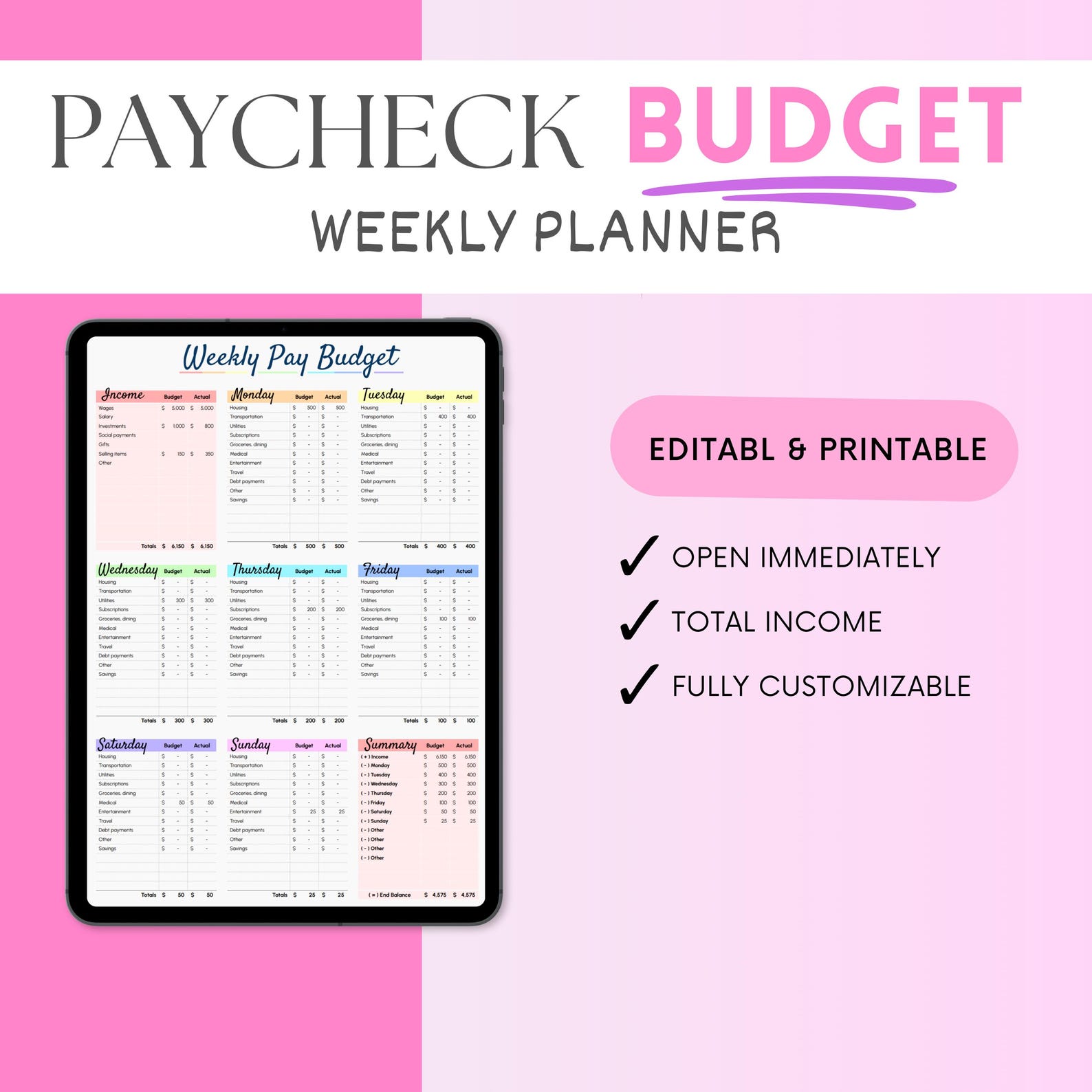 Weekly Paycheck Budget Planner, EDITABLE Budget by Paycheck Template ...