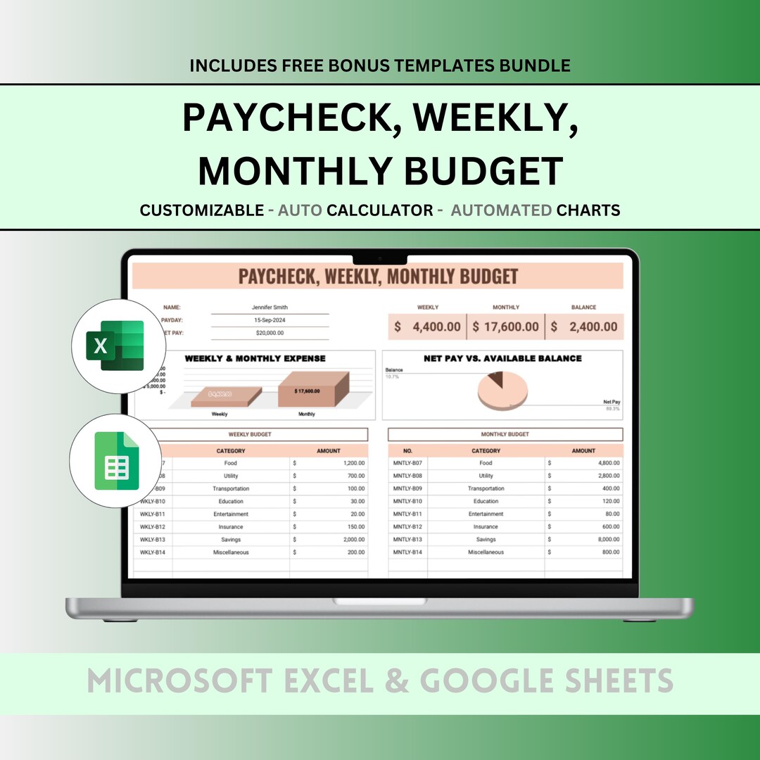 Weekly, Monthly Budget Template for Excel, Google Sheets. Easily ...