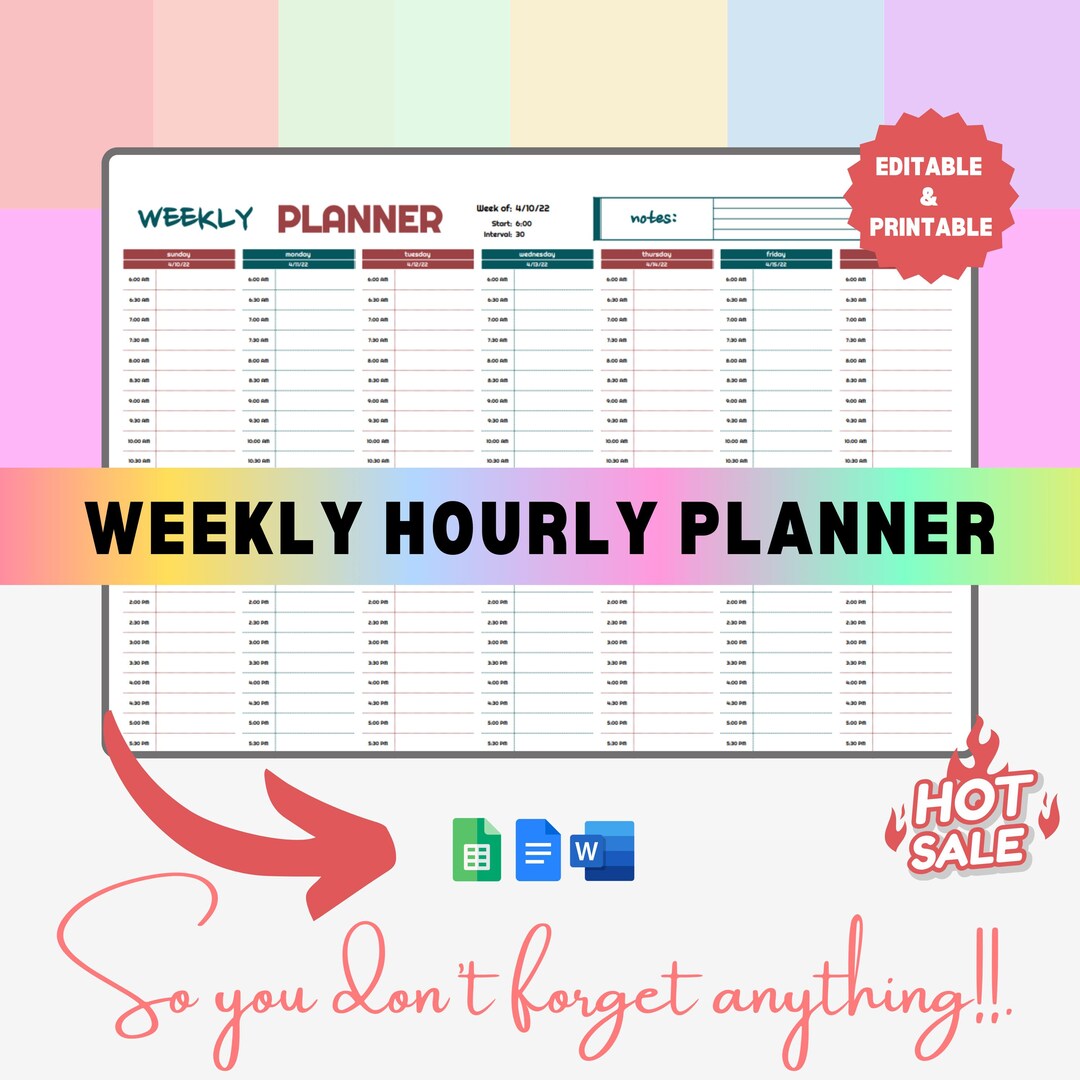 Weekly Hourly Planner Schedule Printable PDF Digital Hourly WEEKLY ...