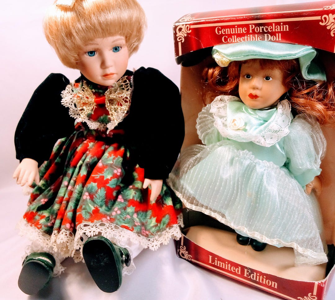 Musical Porcelain Doll Set: Vintage Bisque Dolls, Green & Red Dresses ...