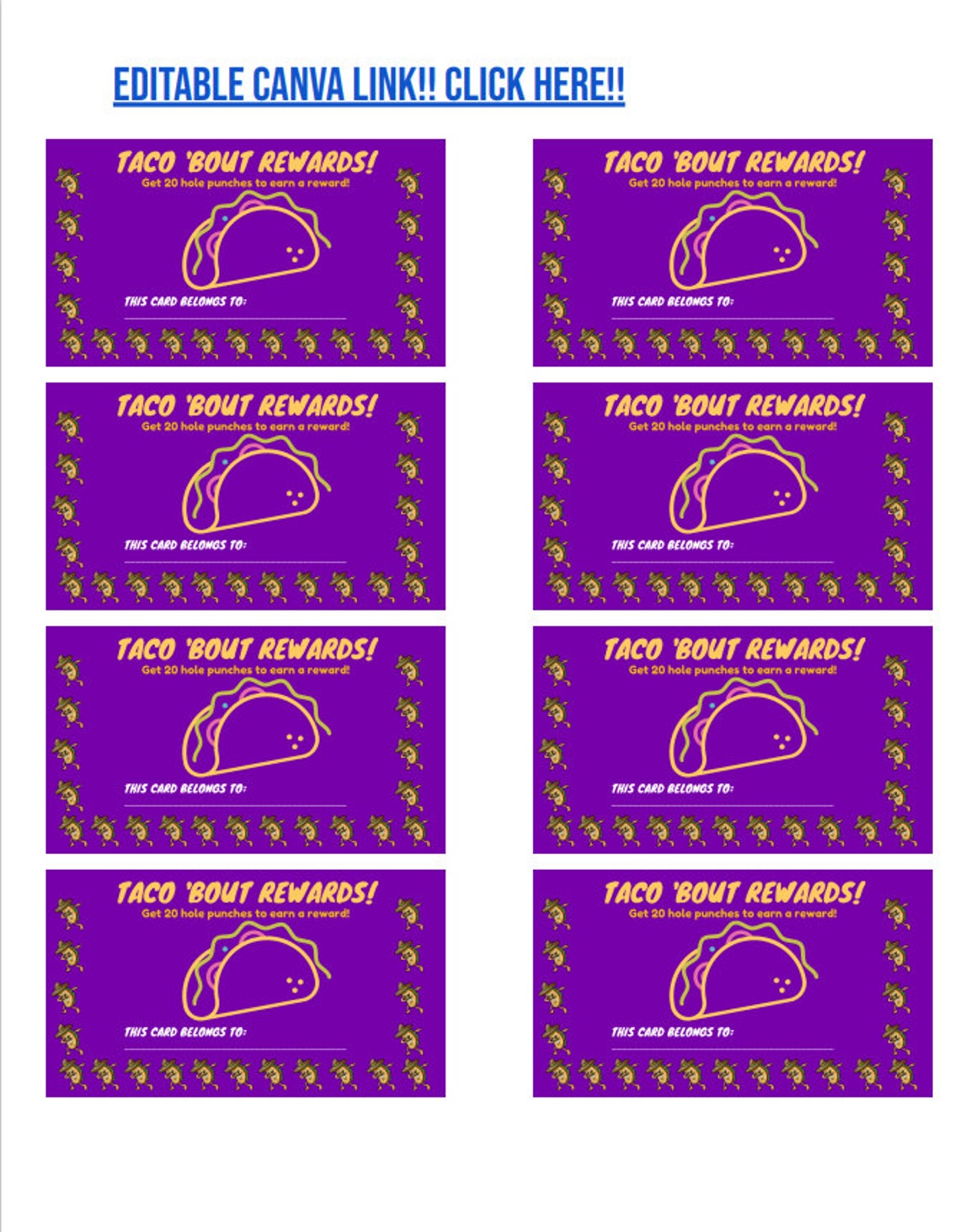 Taco Themed Punch Cards "taco 'bout Rewards" - Etsy