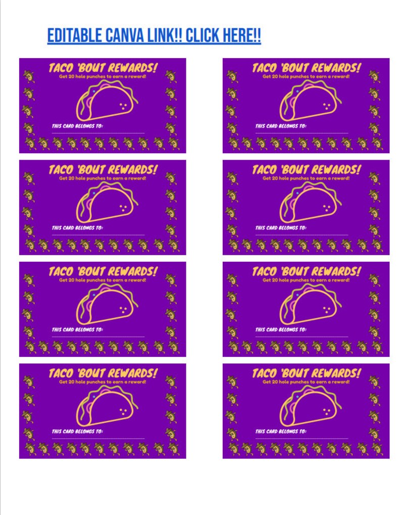 Taco Themed Punch Cards "taco 'bout Rewards" - Etsy