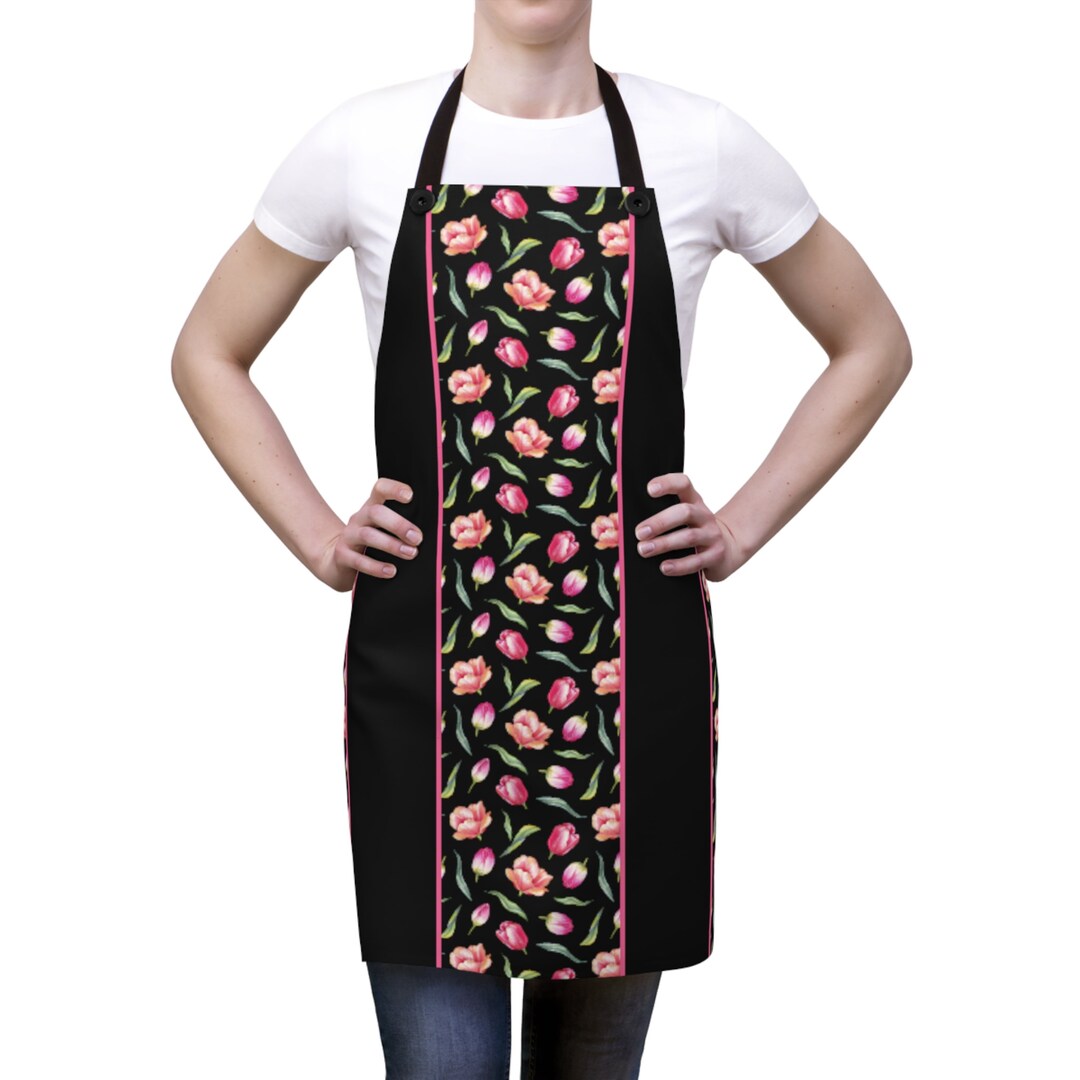 Apron AOP, Black, Floral Print, Kitchen Wear, Protective Garment, Food ...