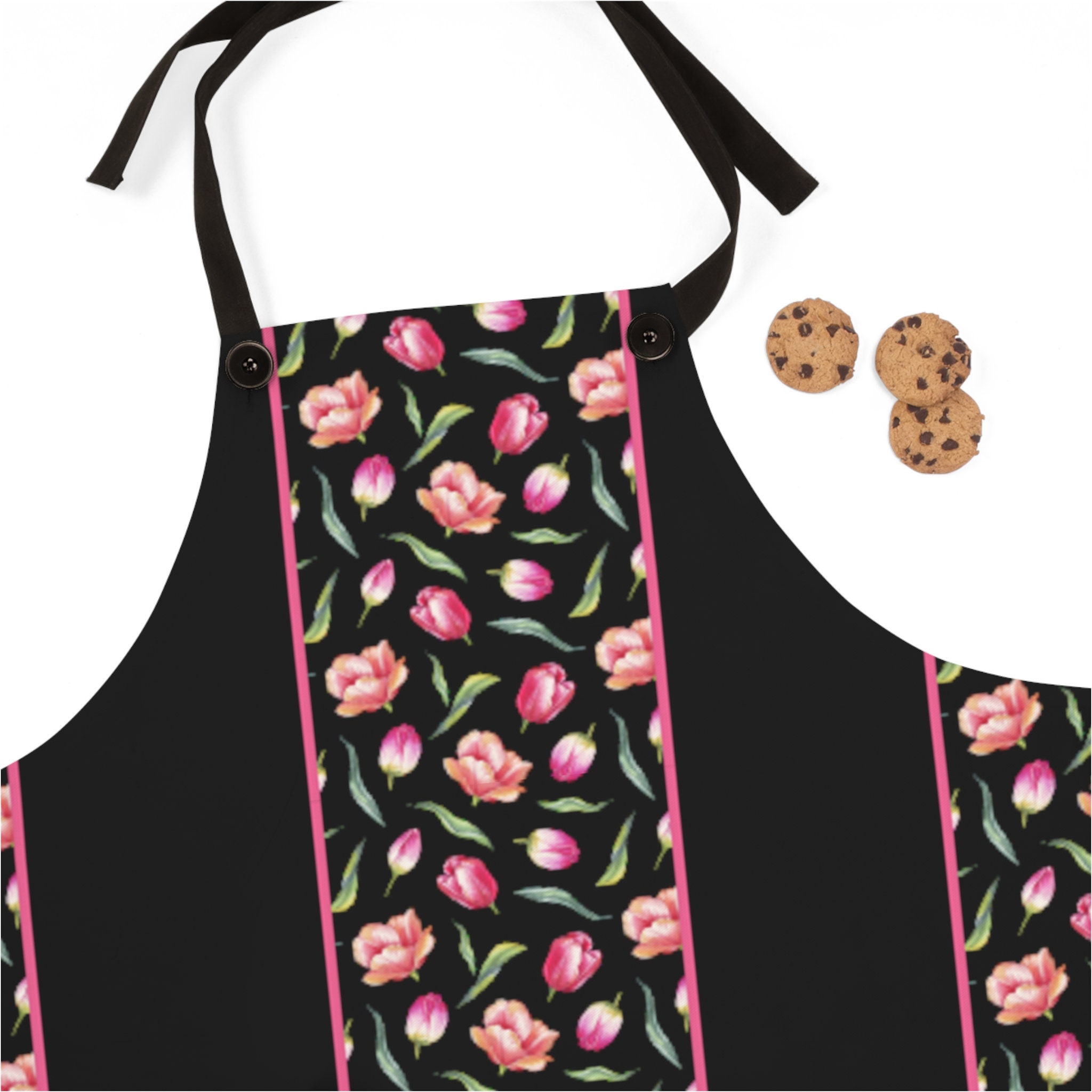 Apron AOP, Black, Floral Print, Kitchen Wear, Protective Garment, Food ...