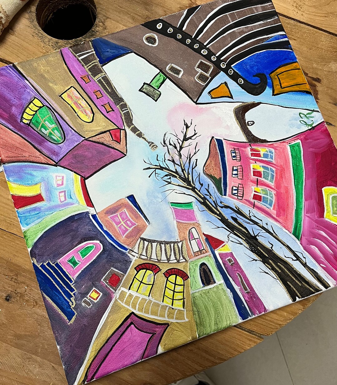 Framework Colored Houses, Circular Framework, Acrylic Painting. to Give ...