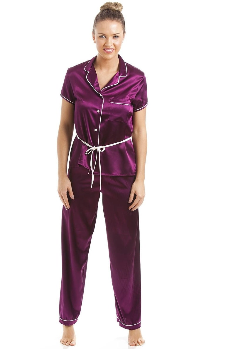 Dark Purple Short Sleeve Belted Satin Pyjama Set - Etsy