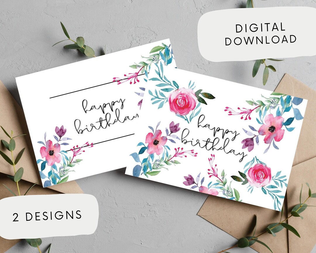 Pink Watercolor Floral Birthday Card, Printable Flower Birthday Card ...