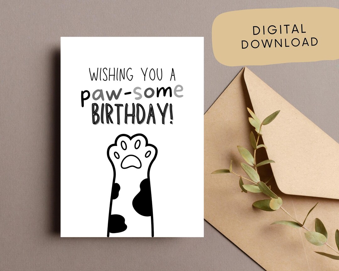 Wishing You a Paw-some Birthday Card, Printable Pun Birthday Card ...