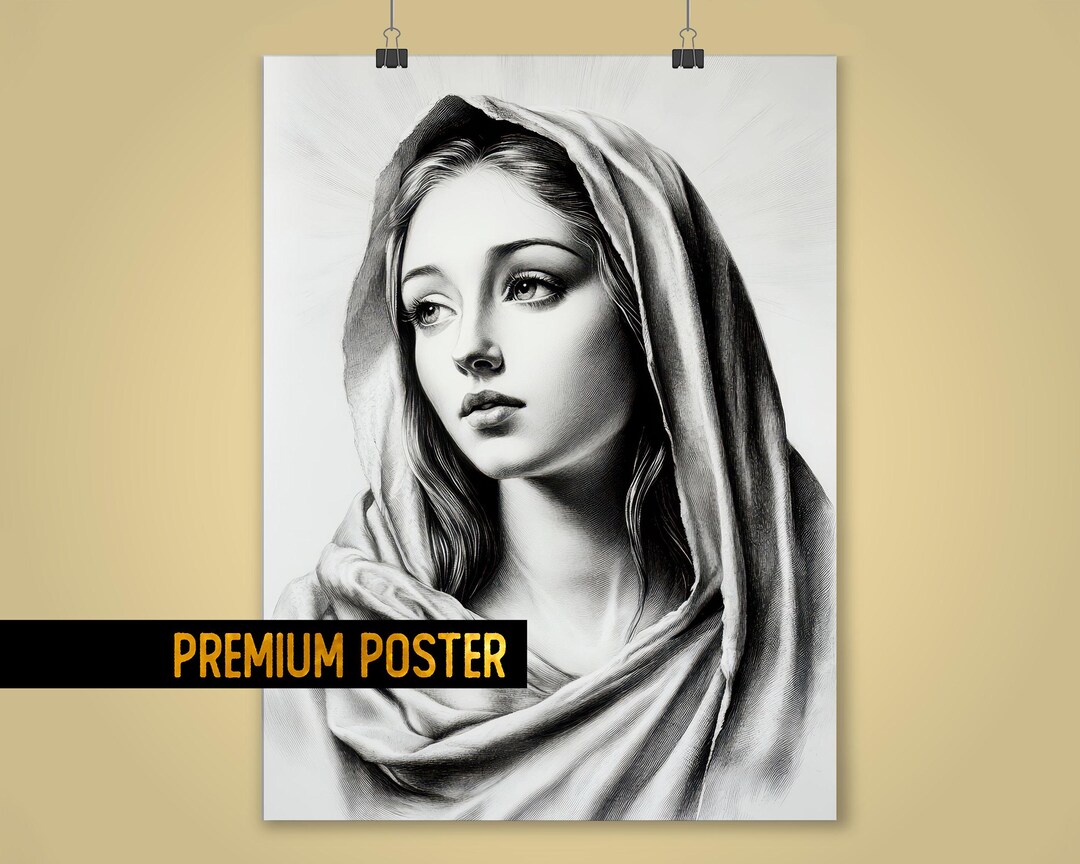 Blessed Virgin Mary Poster - Charcoal Black and White Virgin Mary Art ...