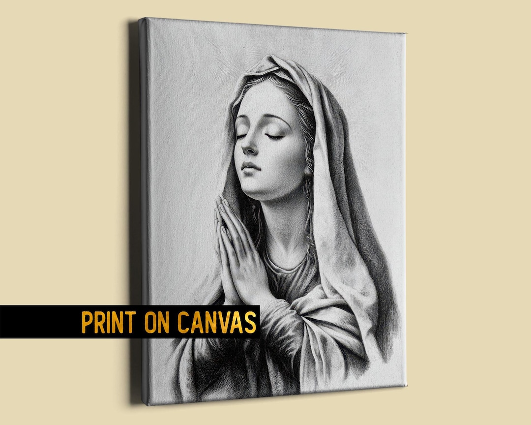 Soulful Virgin Mary Charcoal Style Canvas - Black and White Ethereal ...