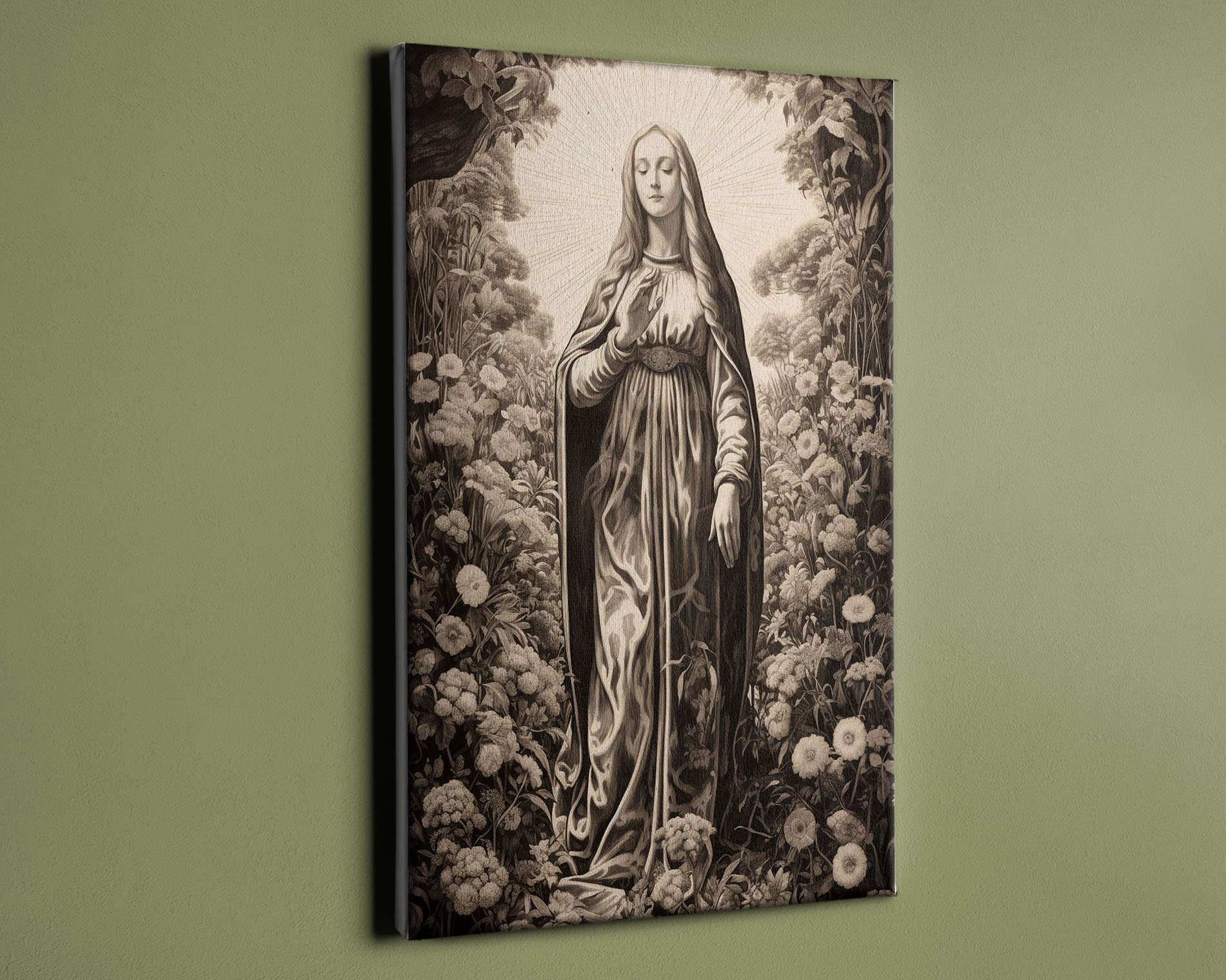 Virgin Mary Line Art Canvas Monochromatic Print for Peaceful Home Decor ...