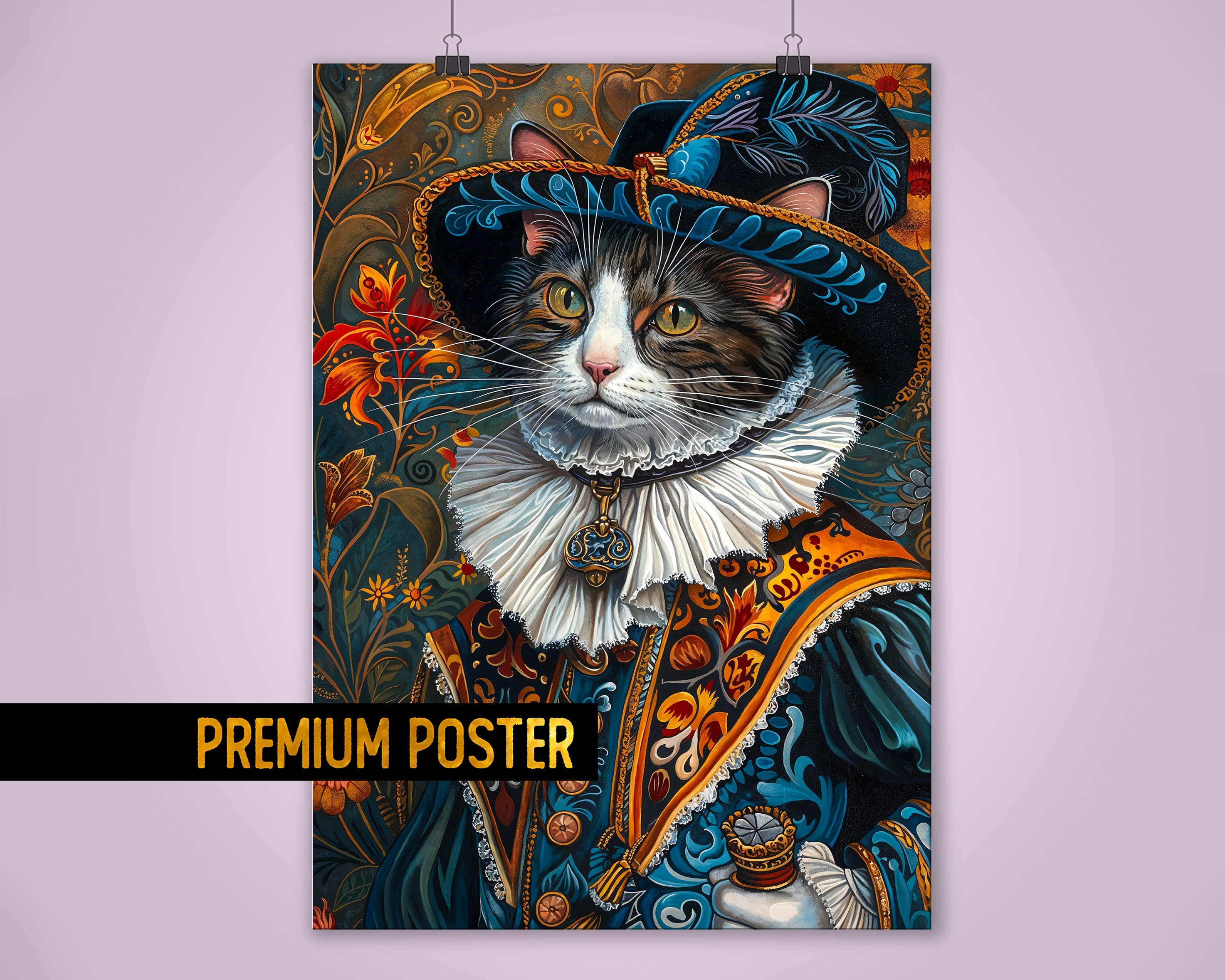 Elegant Renaissance Cat Portrait - Majestic Medieval Cat Painting for ...